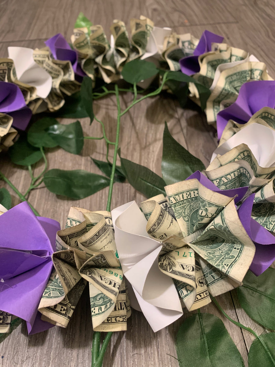 30 Dollar Kids Size Money Lei - Purple & White – Leis